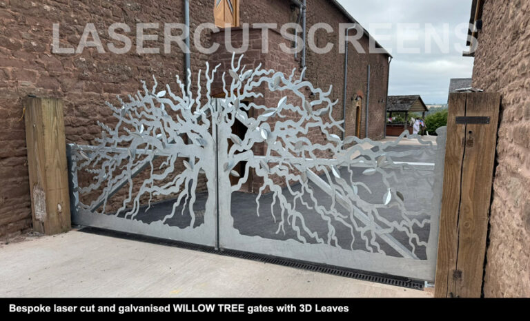 Bespoke galvanised Willow Tree gates with 3D Leaves – laser cut screens ...