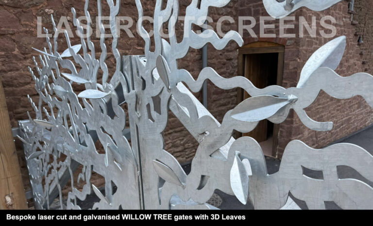 Bespoke galvanised Willow Tree gates with 3D Leaves – laser cut screens ...